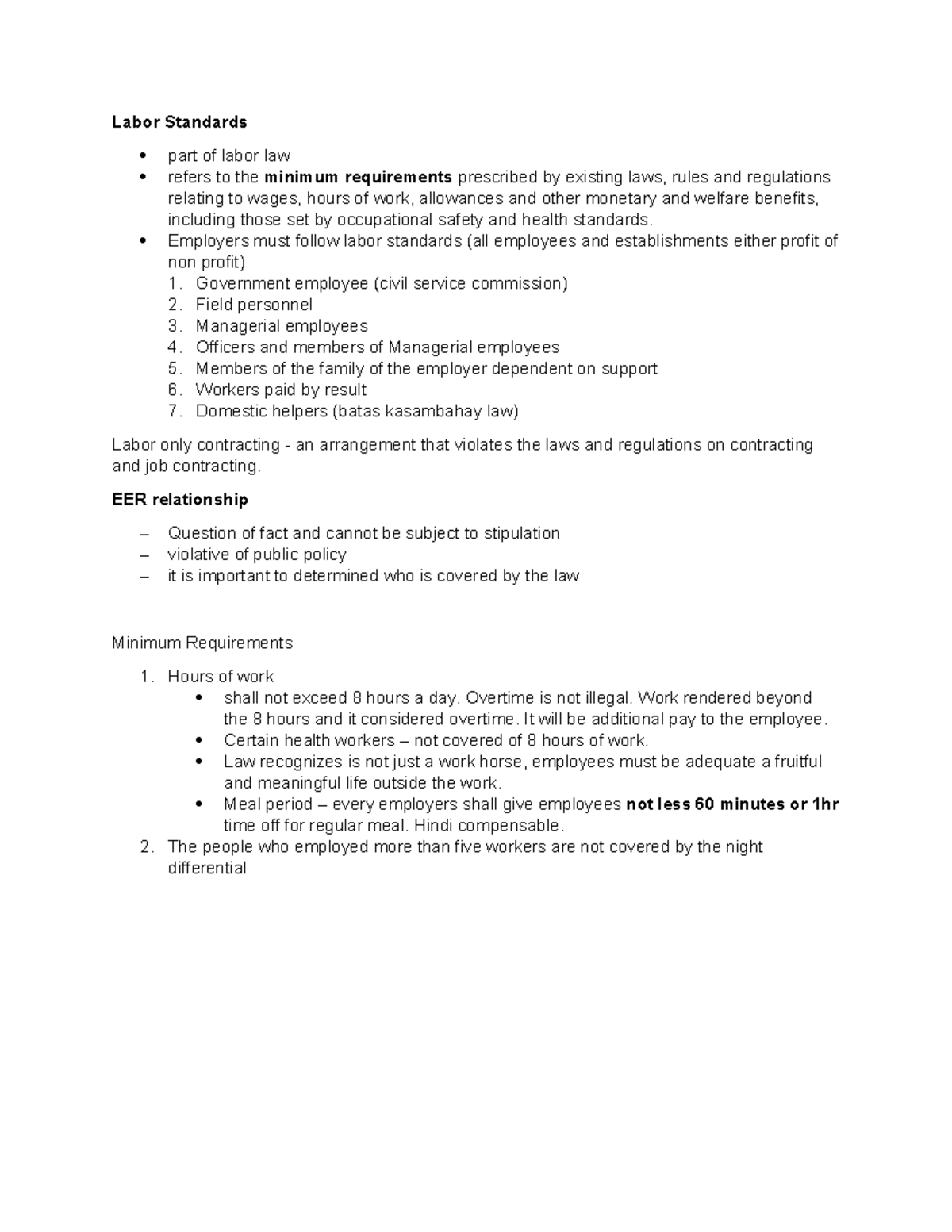 Labor Standards Notes - Labor Standards part of labor law refers to the ...