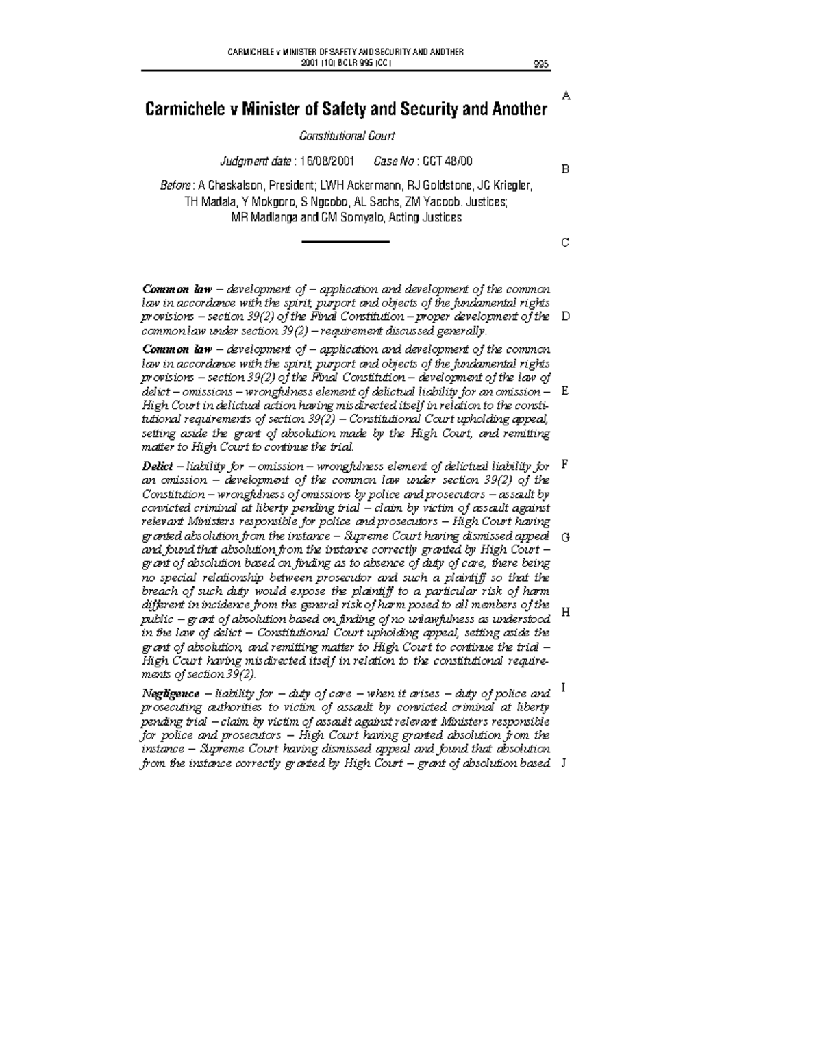 Carmichele V Minister Of Safety And Security 2001 10 Bclr 995 Cc 2001