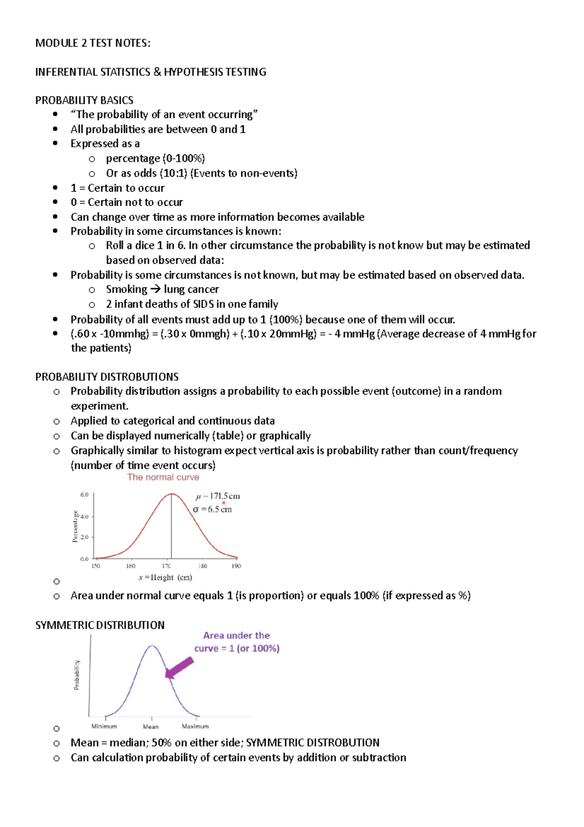 Module 2 TEST Notes - MODULE 2 TEST NOTES: INFERENTIAL STATISTICS ...