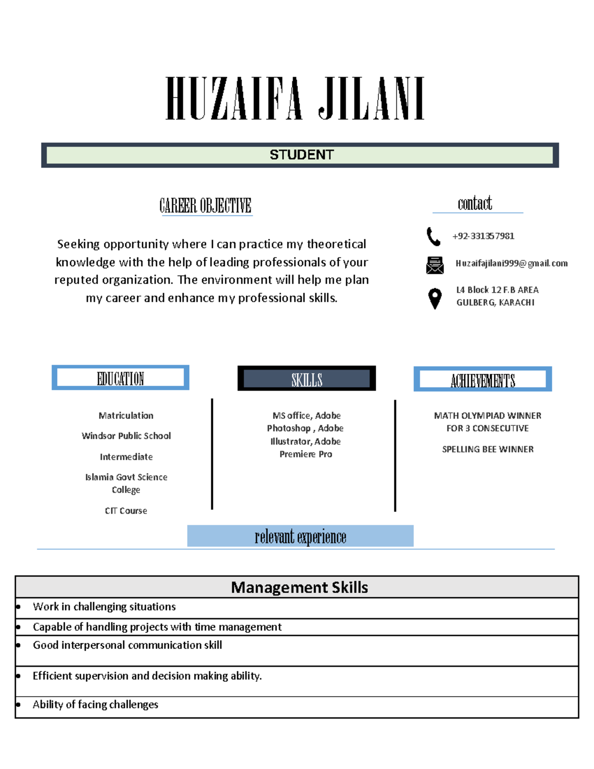 Huzaifa CV - best cv - H U Z A I F A J I L A N I Management Skills Work ...
