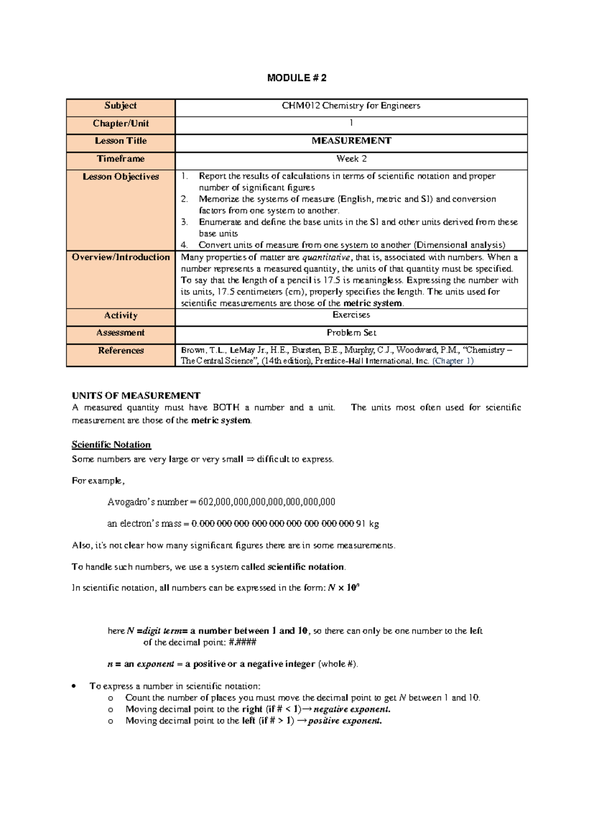 Chem 12 Module 2 - JPF - Lecture Materials - MODULE # 2 Subject CHM012 Chemistry for Engineers ...