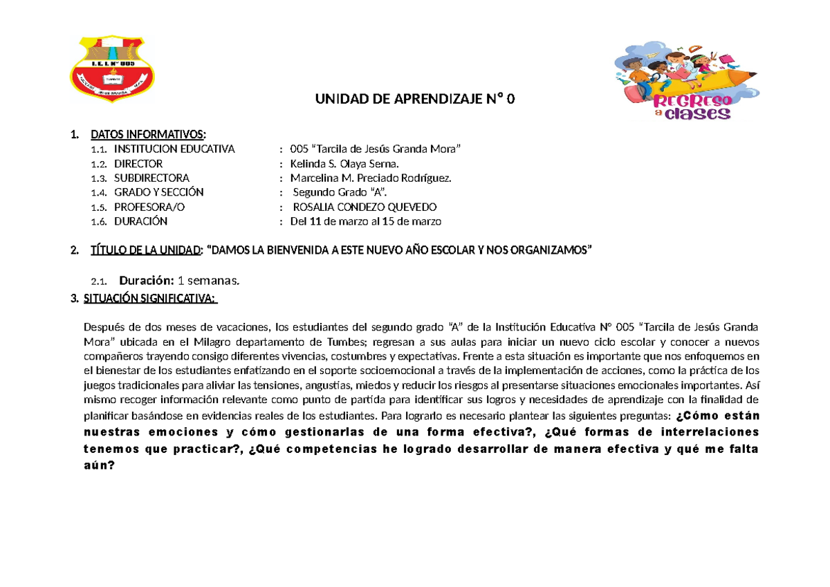 Unidad DE Aprendizaje Nº 1 2A - UNIDAD DE APRENDIZAJE Nº 0 1. DATOS ...