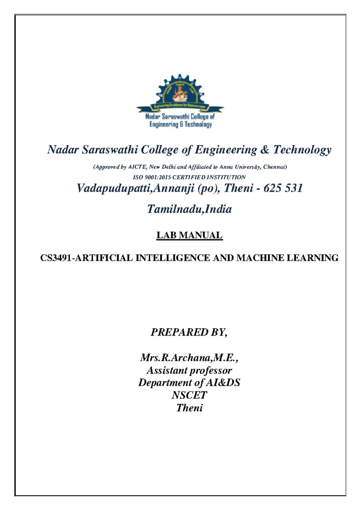 Aiml Lab Manual Aiandml Lab Manual Artificial Intelligence And