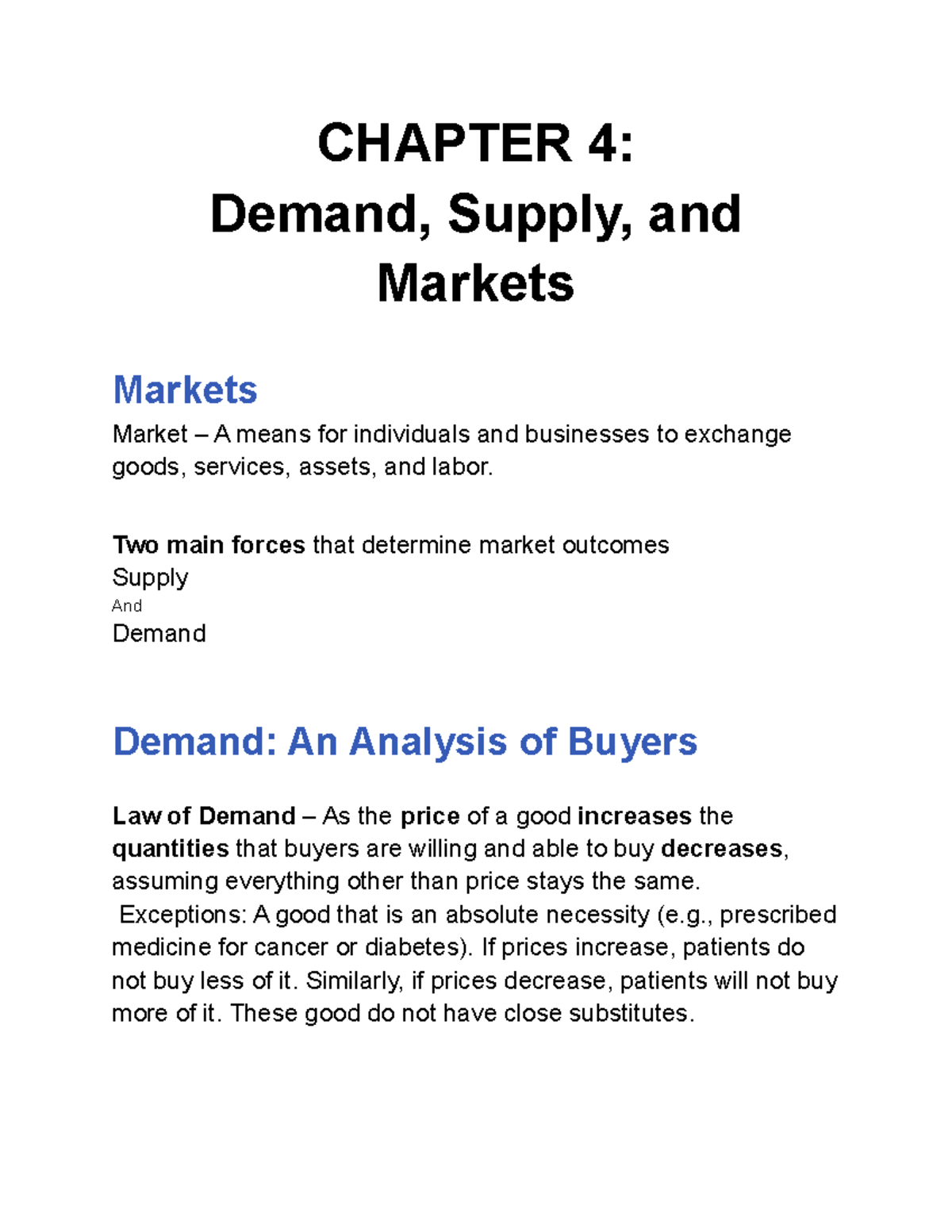 MICROECON CHAPTER 4 - CHAPTER 4: Demand, Supply, and Markets Markets ...
