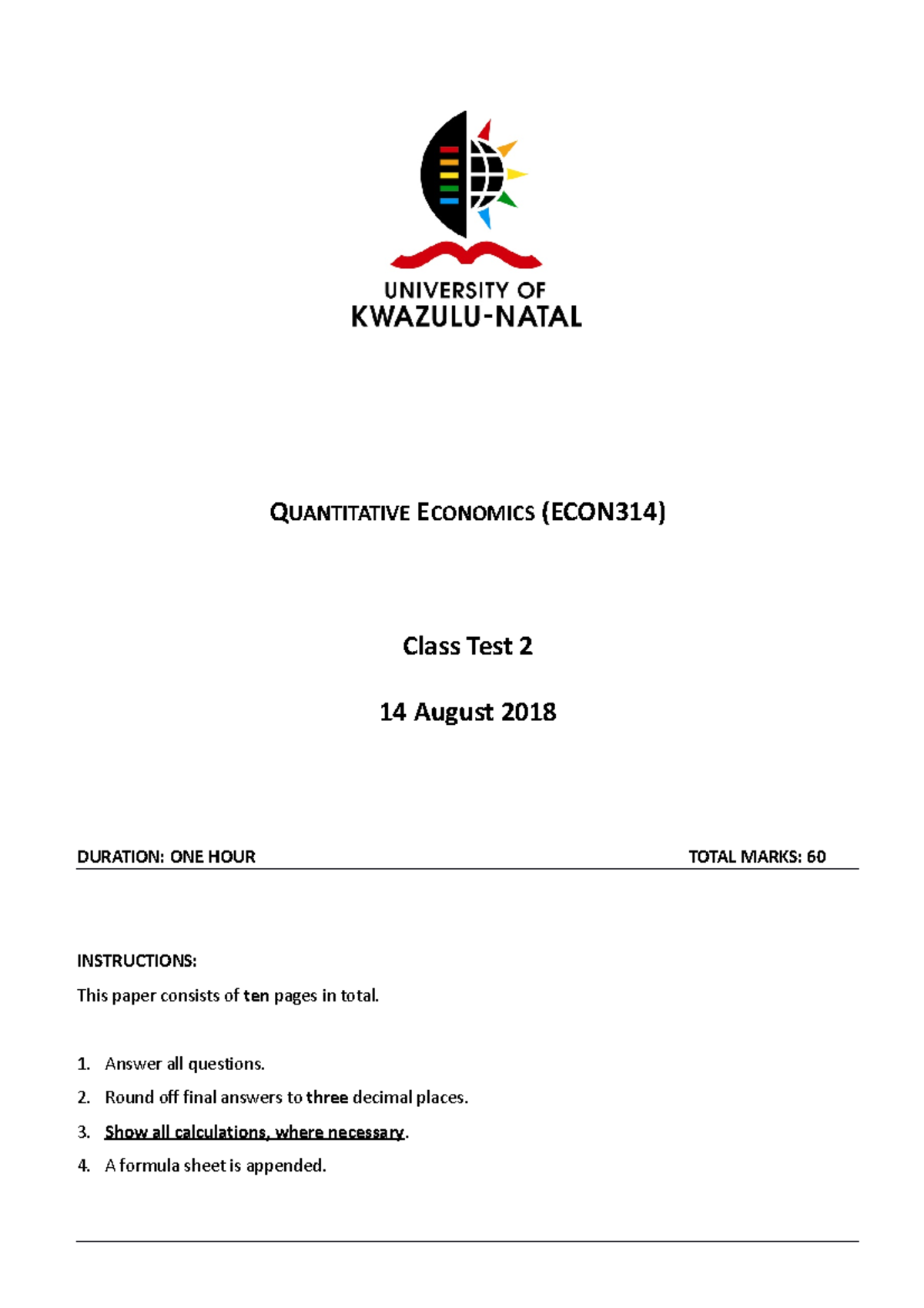 Test 1 1 2018 Econ314 Test 1 Solutions Quantitative Economics