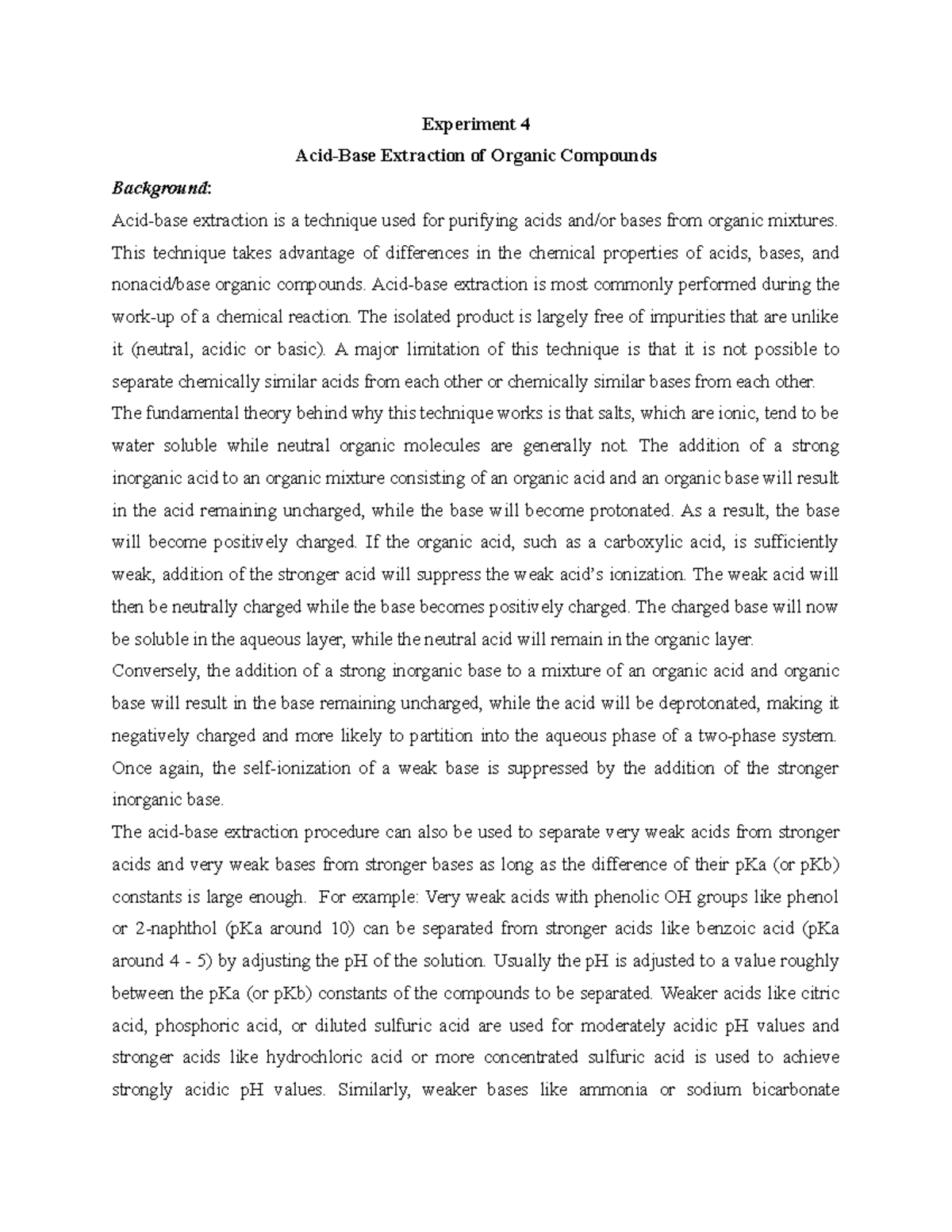 Revised, Acid-Base Extraction - Experiment 4 Acid-Base Extraction of ...