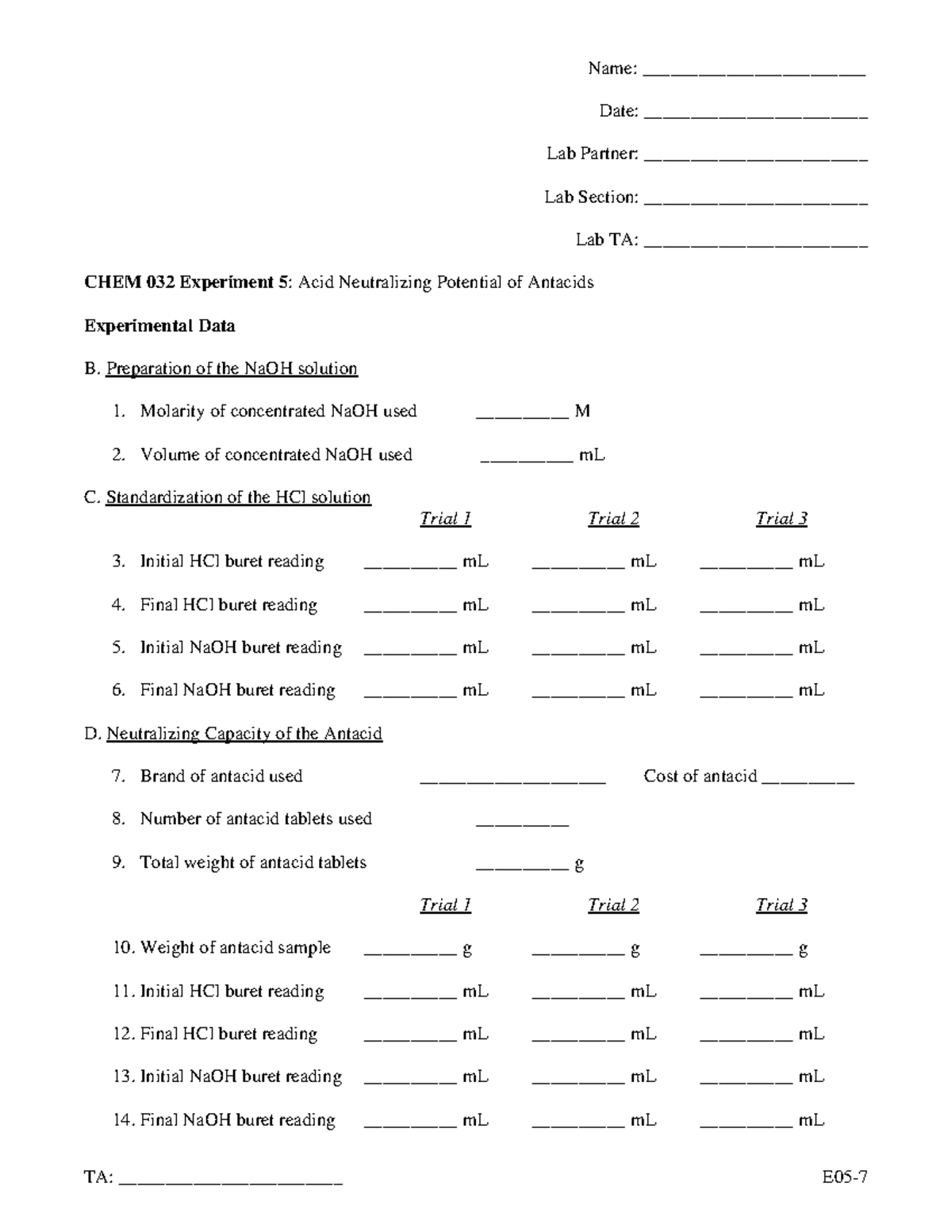 antacids report sheet - Name: ________________________ Date ...