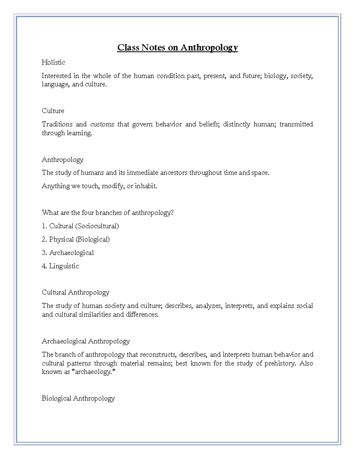 Class Notes on Anthropology - Class Notes on Anthropology Holistic ...