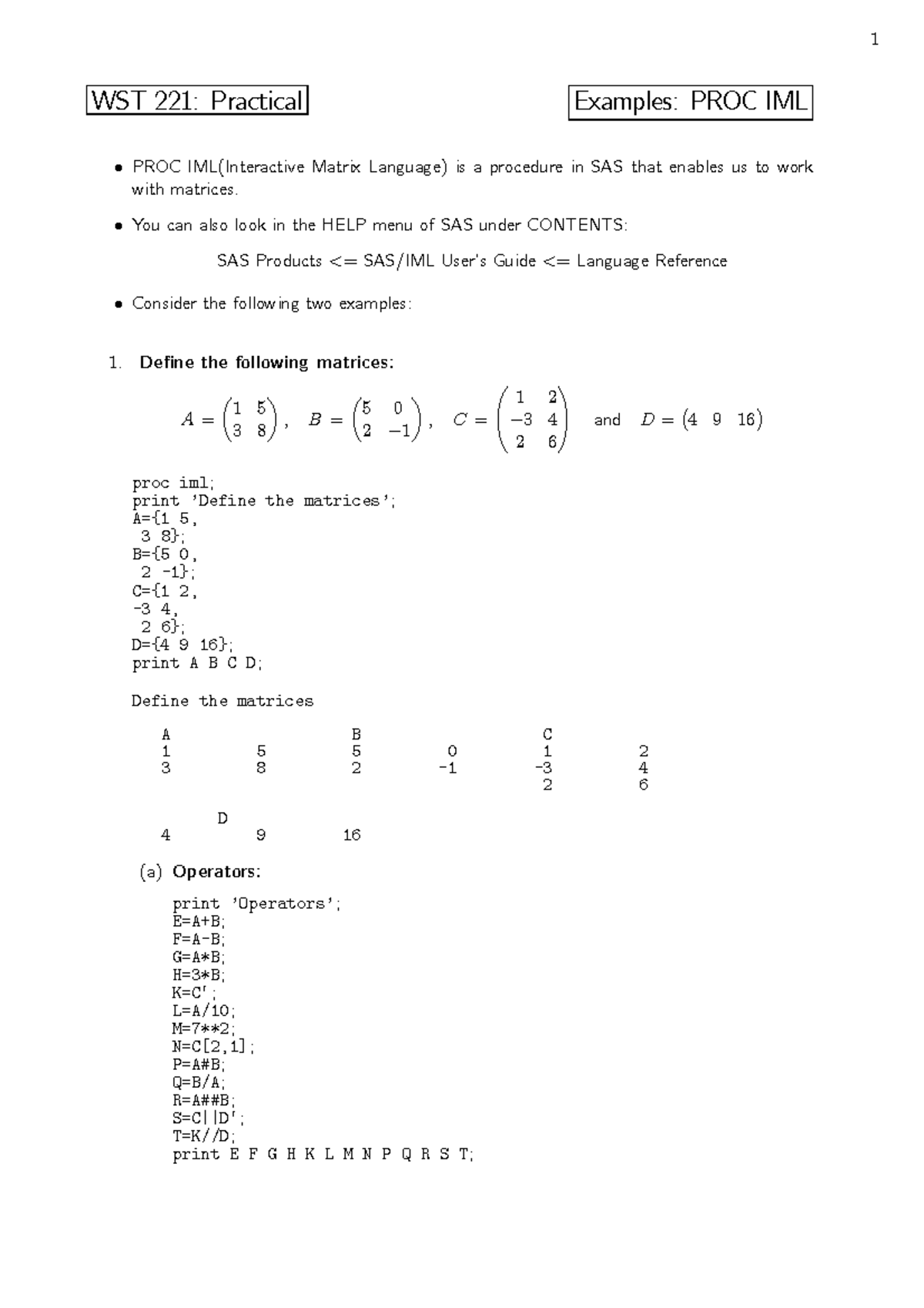 Sas Iml Notes 1 Sas Ml Wst 221 Practical Examples Proc Iml Proc