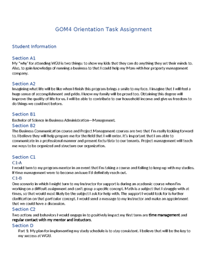 WGU Orientation Task 5 - GOM4 Orientation Task Assignment Template Student Information Student ...