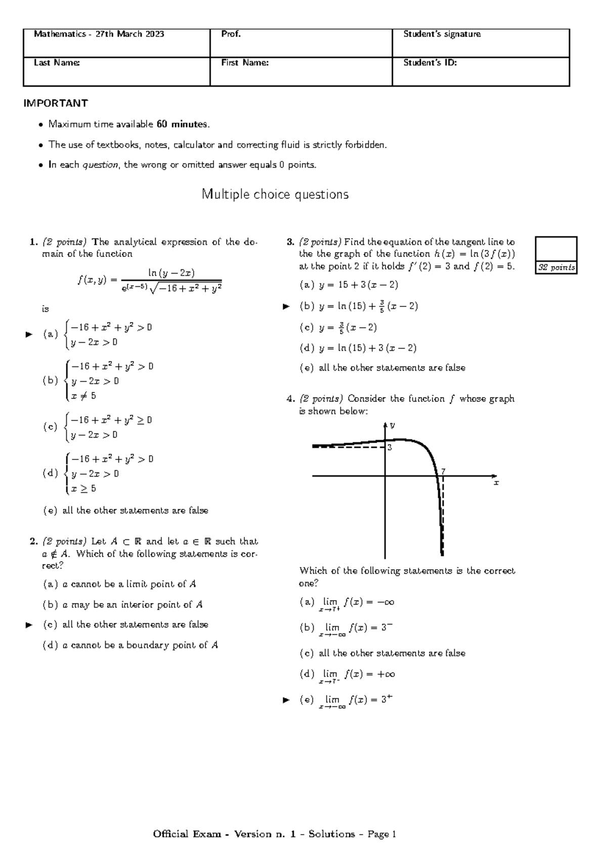 Exam 2023 03 27 sol - Past exam - Mathematics - 27th March 2023 Prof ...