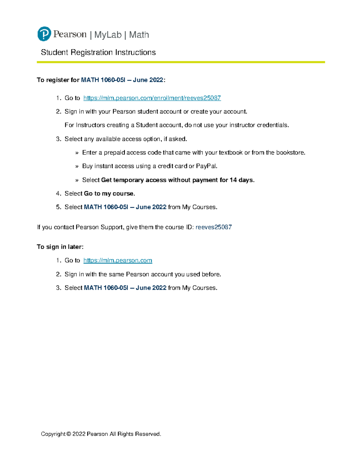 Student Registration Handout reeves 25087 JUNE - | MyLab | Math Student ...