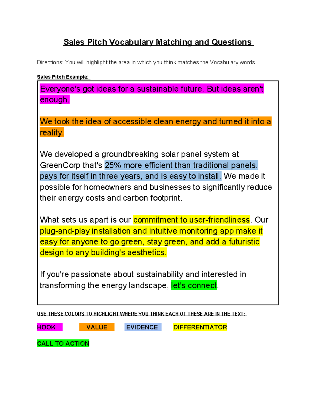 Sales Pitch Vocabulary Matching and Questions - Sales Pitch Vocabulary ...