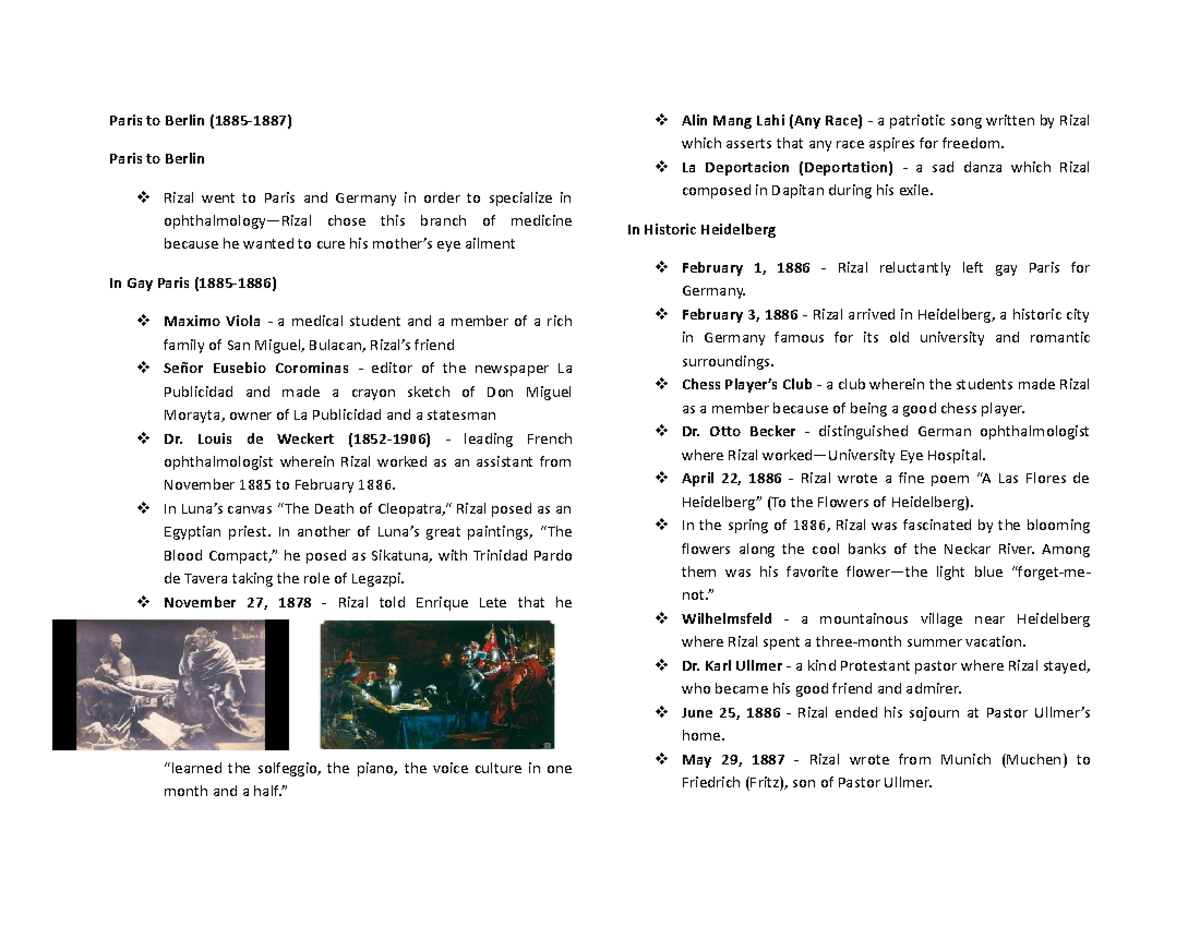 Finals Reviewer ( Rizal) - Paris to Berlin (1885-1887) Paris to Berlin ...