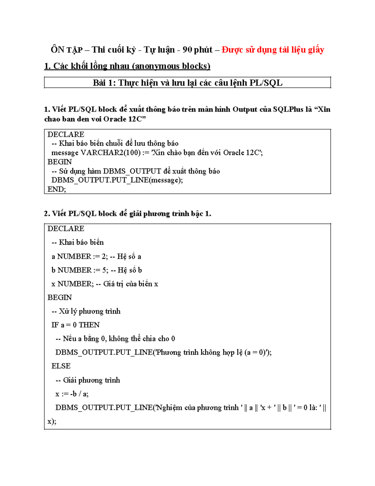 Ôn Tập Oracle - ÔN TẬP – Thi cuối kỳ - Tự luận - 90 phút – Được sử dụng ...