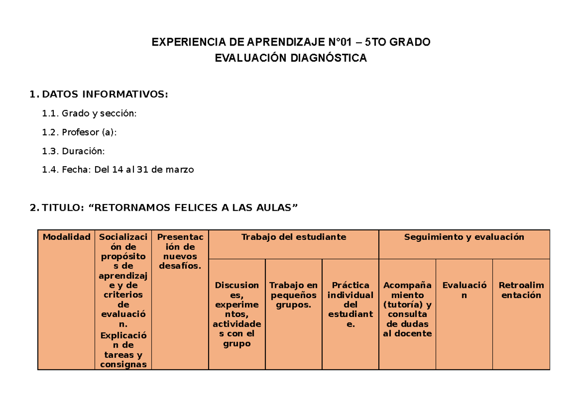 5° Grado - EDA Diagnóstica - EXPERIENCIA DE APRENDIZAJE N°01 – 5TO GRADO EVALUACIÓN DIAGNÓSTICA ...