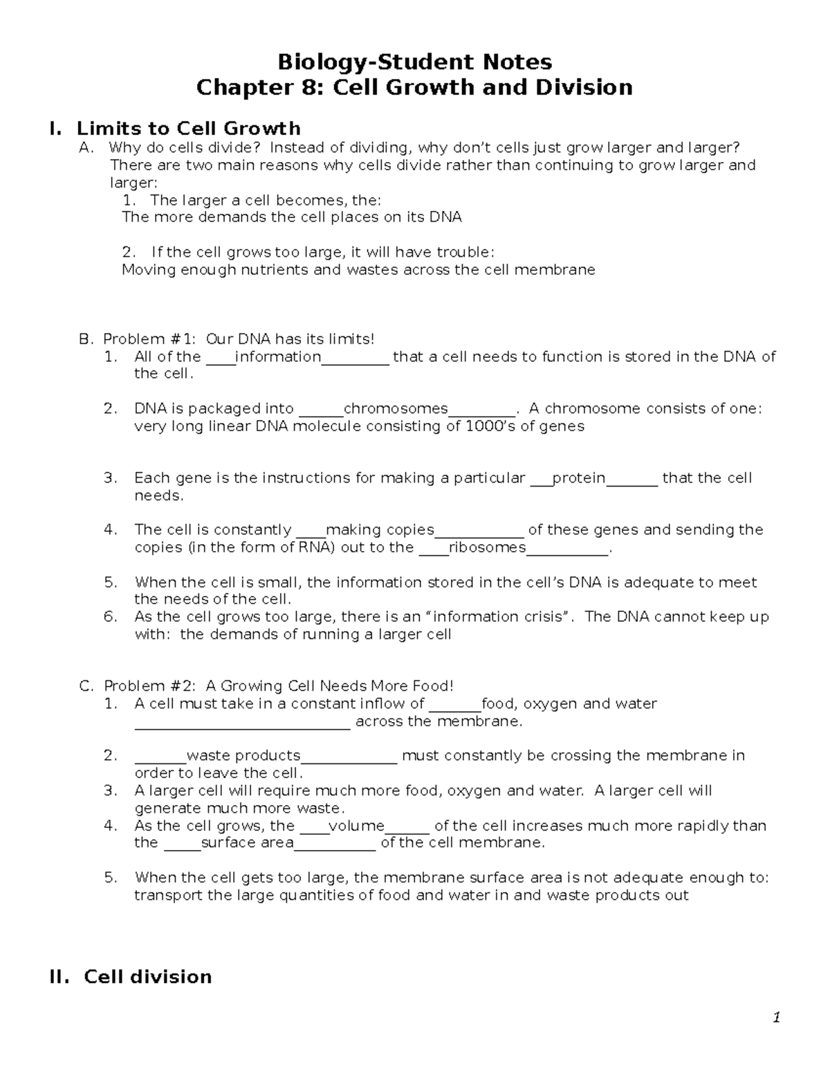 Cell division Notes Student part 1 - Biology-Student Notes Chapter 8 ...
