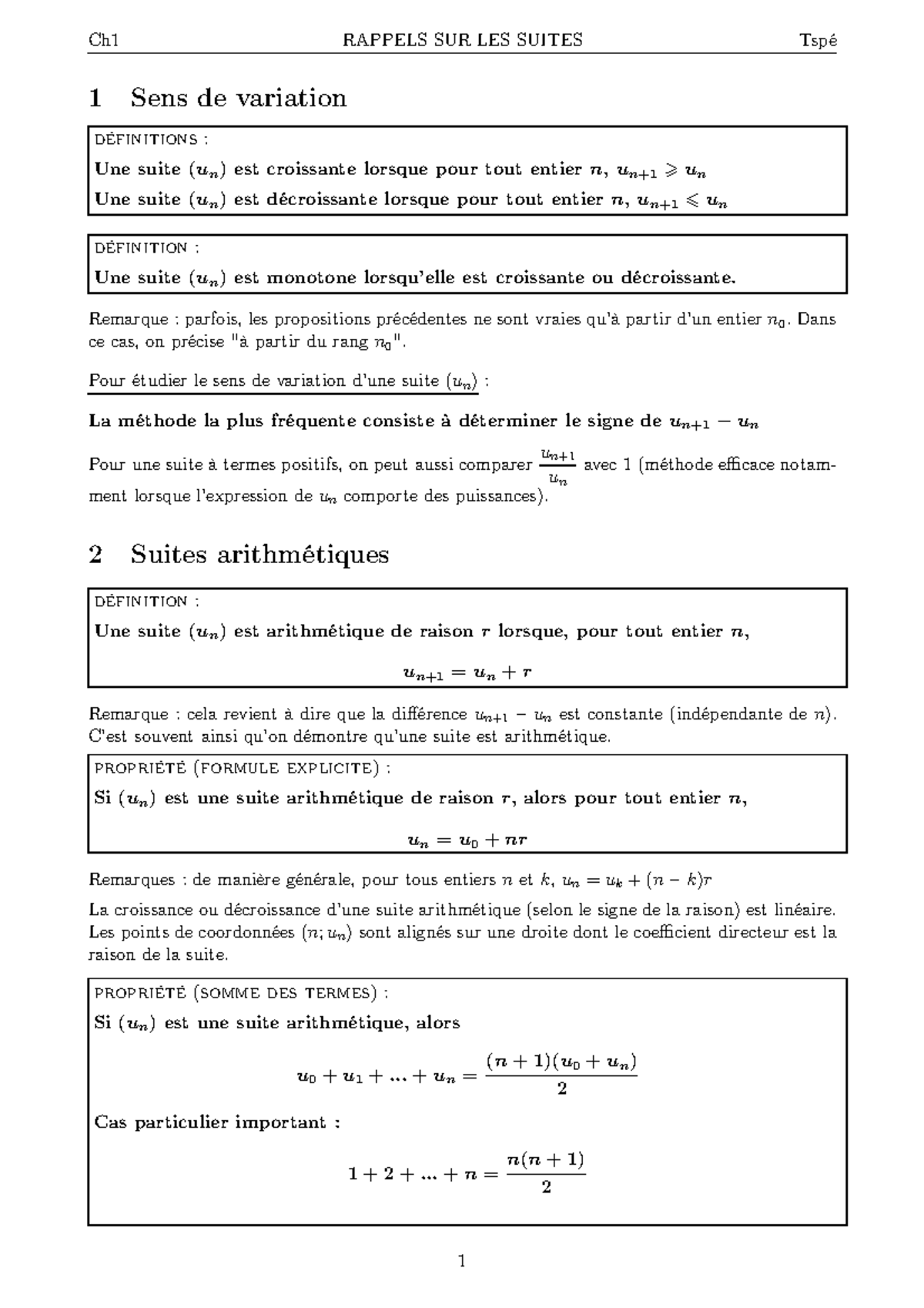 Ch1 rappels sur les suites - 1 Sens de variation définitions : Une ...