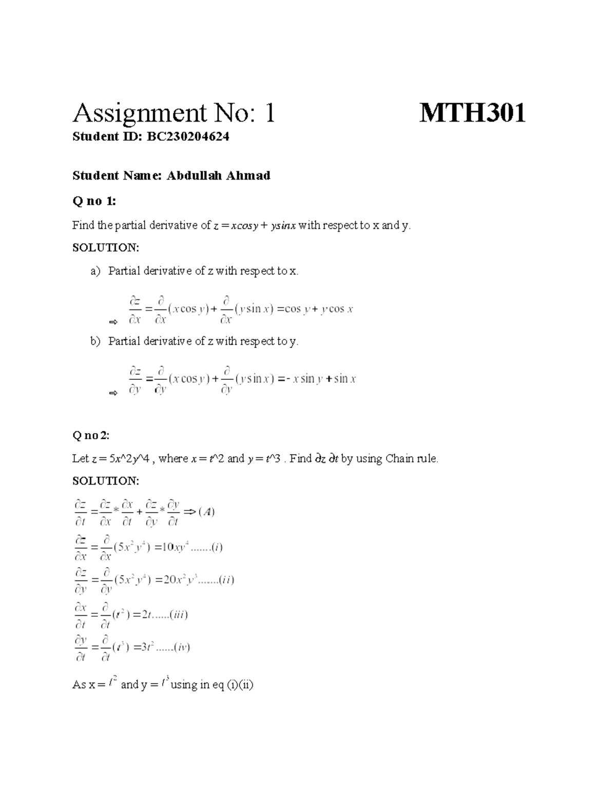 Mth301 assignment - Bs Computer science - Assignment No: 1 MTH Student ID: BC Student Name ...