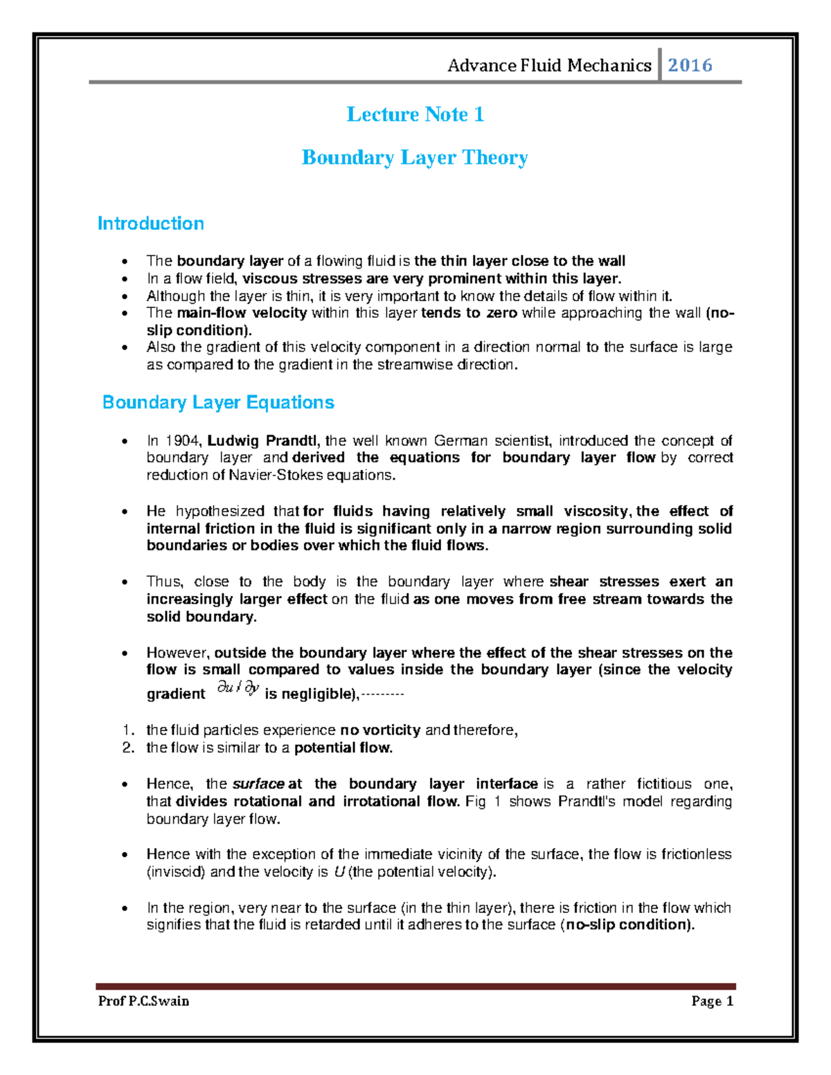 Advanced Fluid Dynamics 2 - Lecture Note 1 Boundary Layer Theory Introduction The boundary layer ...