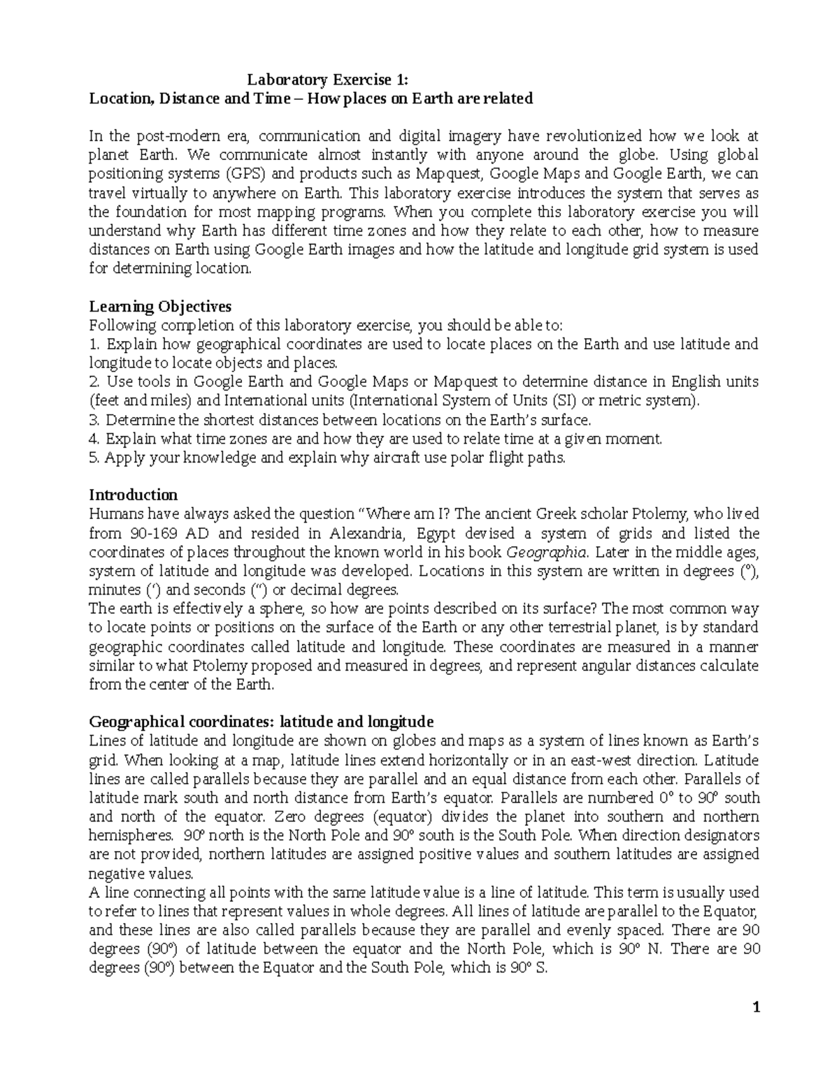 Geol lab 1 - N/A - Laboratory Exercise 1: Location, Distance and Time ...