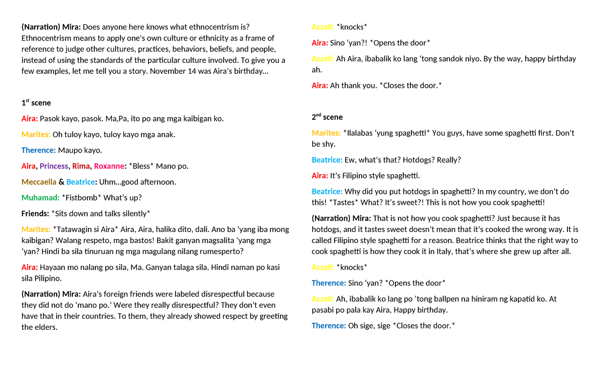 Role play (Oral Com) - A script in role play - (Narration) Mira: Does ...