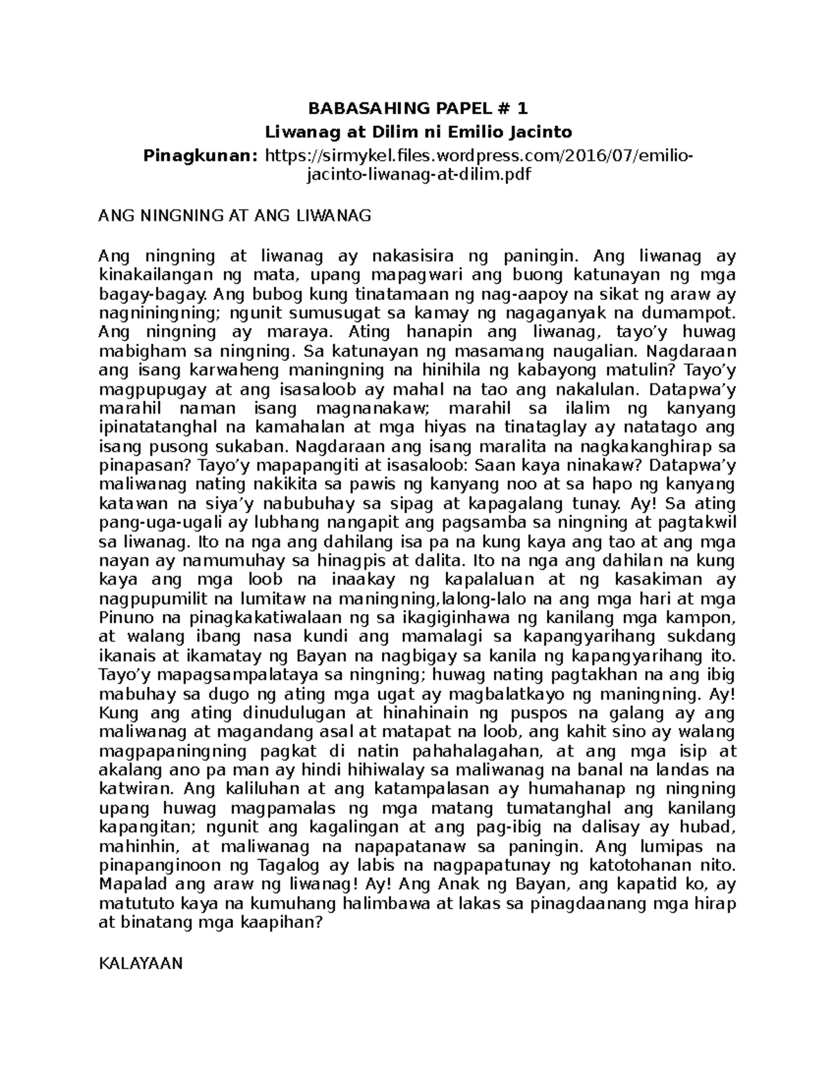 Babasahing Papel # 1 - BABASAHING PAPEL # 1 Liwanag at Dilim ni Emilio ...