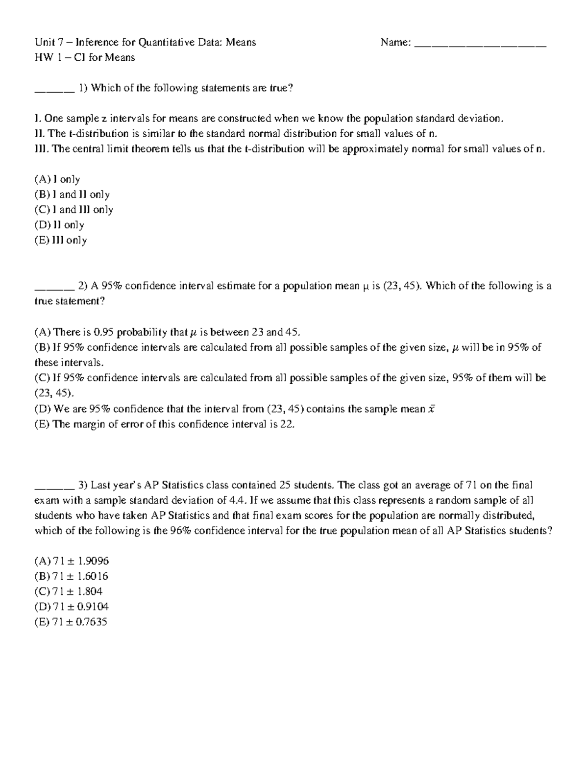 HW 1 - Confidence Intervals for Means - Unit 7 – Inference for ...