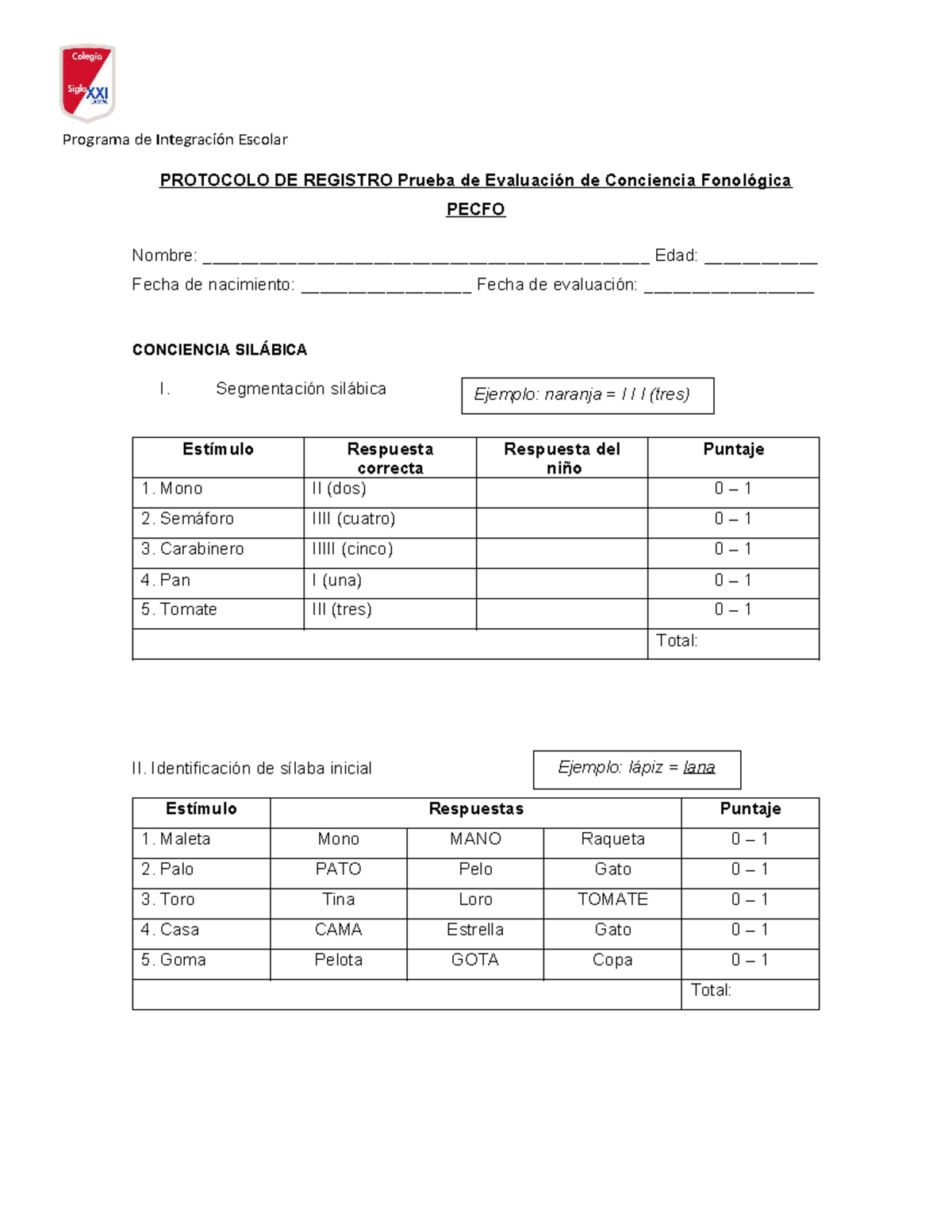 Protocolo DE Respuestas Pecfo - PROTOCOLO DE REGISTRO Prueba de Evaluación de Conciencia ...