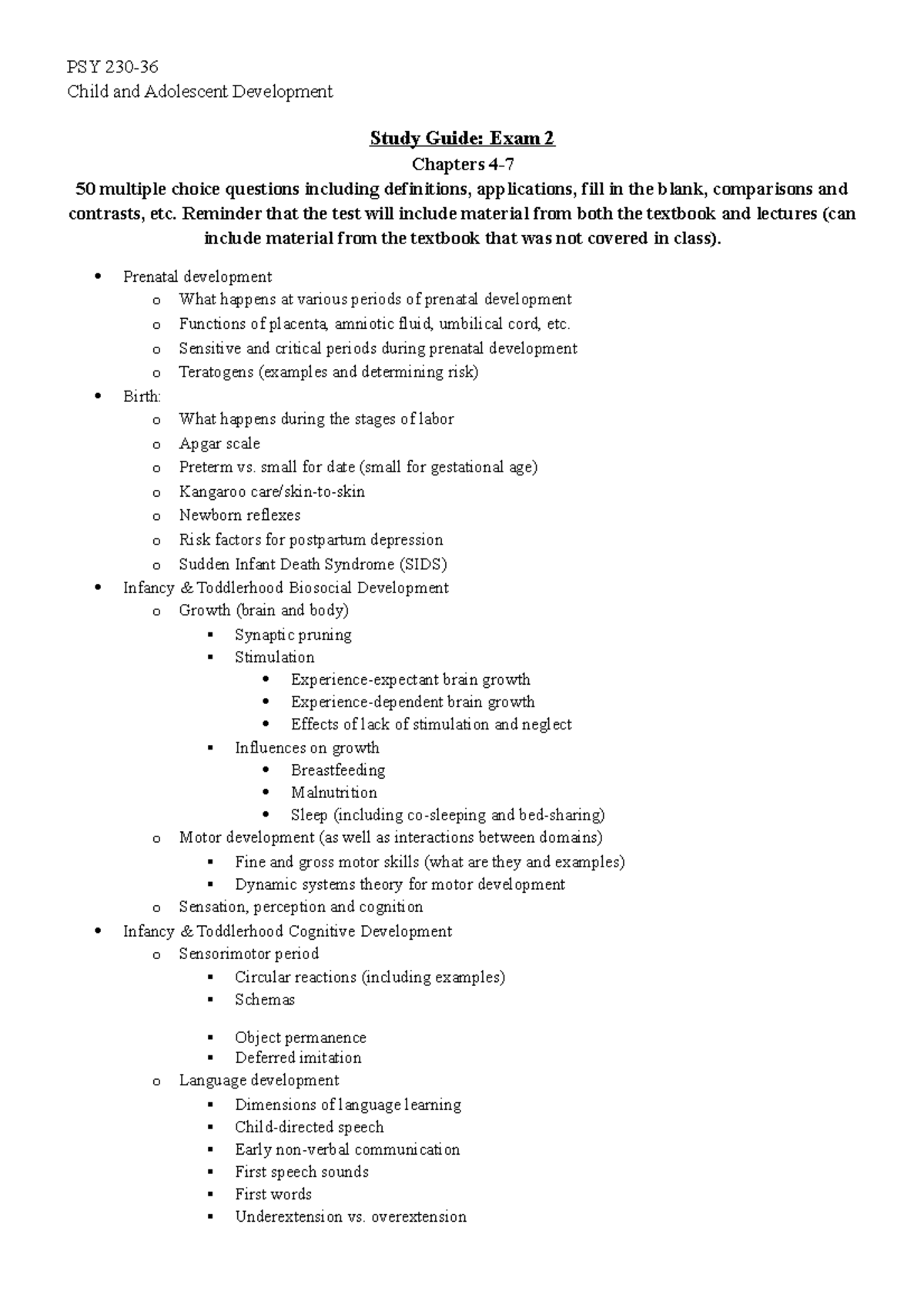 PSY 230 Exam 2 Study Guide - PSY 230- Child and Adolescent Development ...