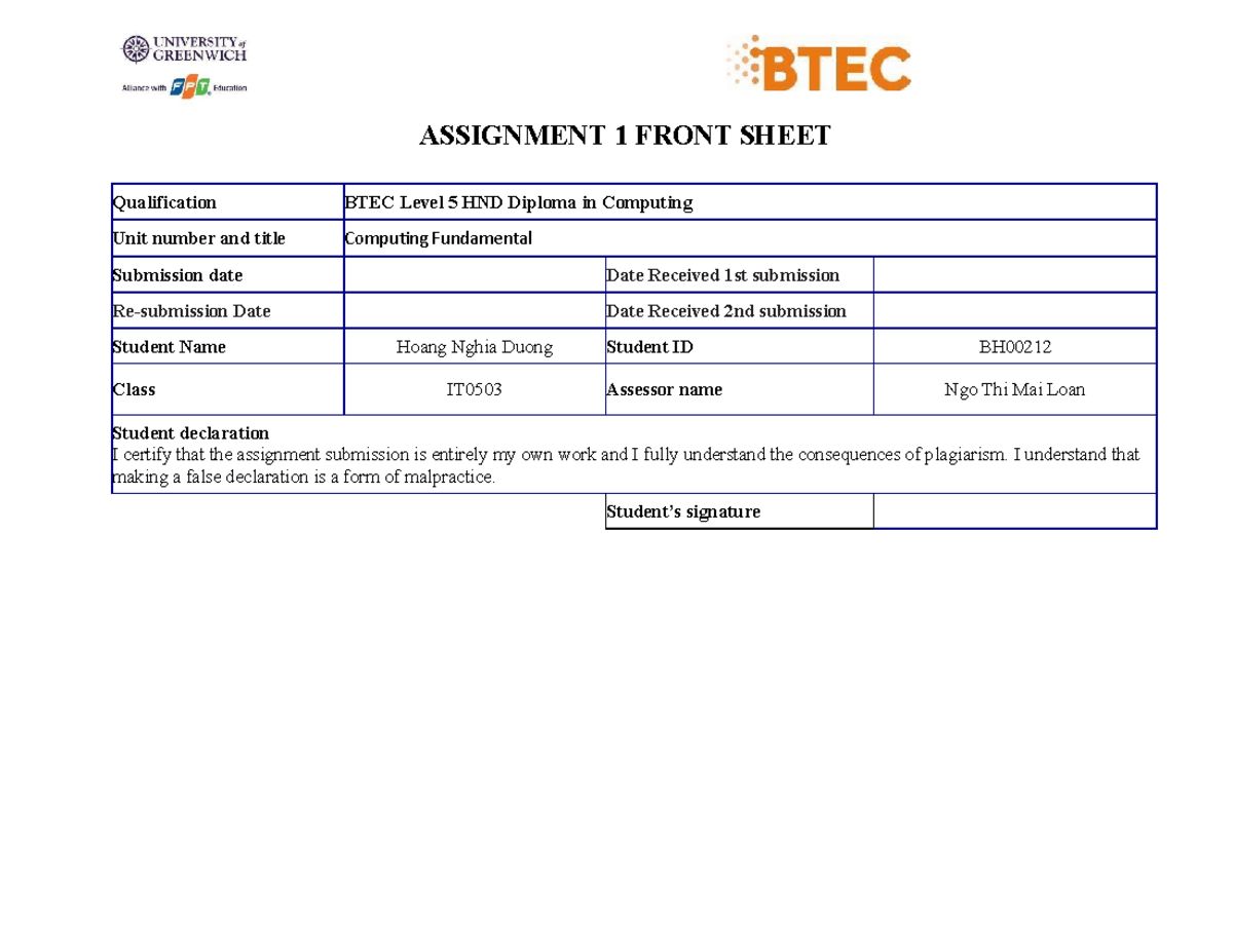 Assignment 1 frontsheet - Copy - ASSIGNMENT 1 FRONT SHEET Qualification BTEC Level 5 HND Diploma ...