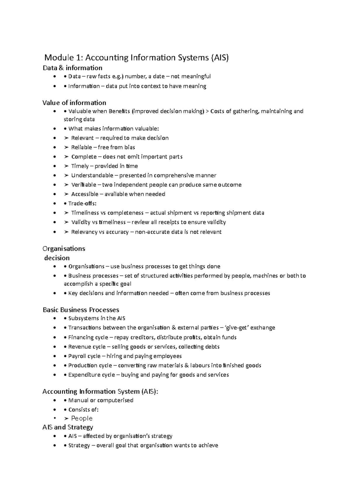 Module 1 summary - Module 1: Accounting Information Systems (AIS) Data ...