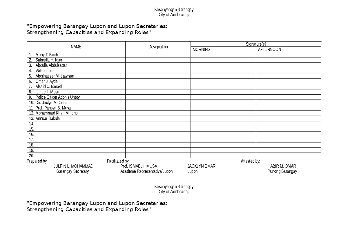 Lupon Training - Sample Program Design - Kasanyangan Barangay City of ...