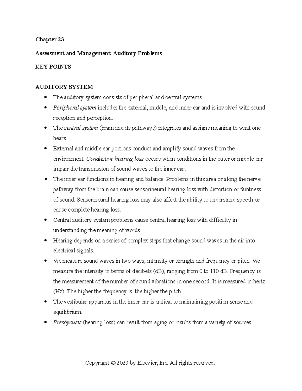 Chapter 023 - Chapter 23 Assessment and Management: Auditory Problems KEY POINTS AUDITORY SYSTEM ...