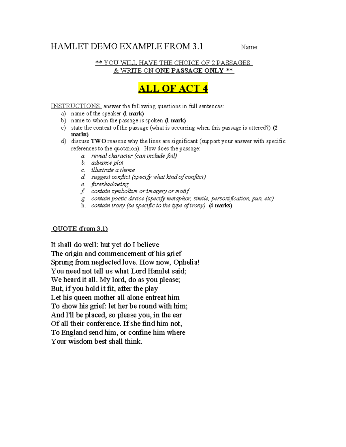 Copy of Hamlet demo example - HAMLET DEMO EXAMPLE FROM 3 Name: ** YOU ...