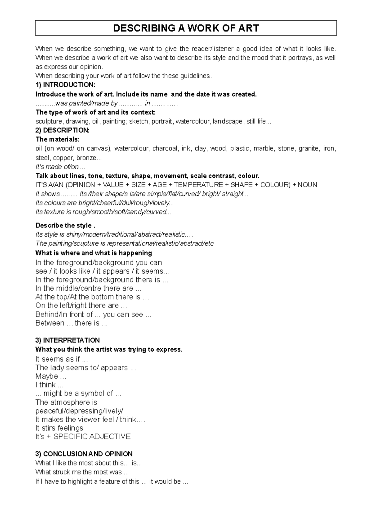 Describing A WORK OF ART - DESCRIBING A WORK OF ART When we describe ...