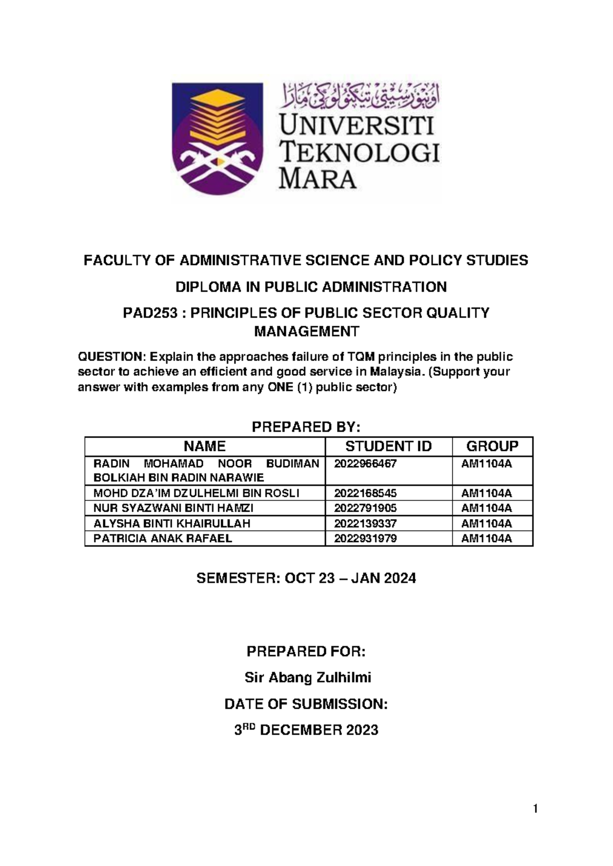 PAD253 Group 3 (AM1104A) Assignment (1-3) - FACULTY OF ADMINISTRATIVE ...