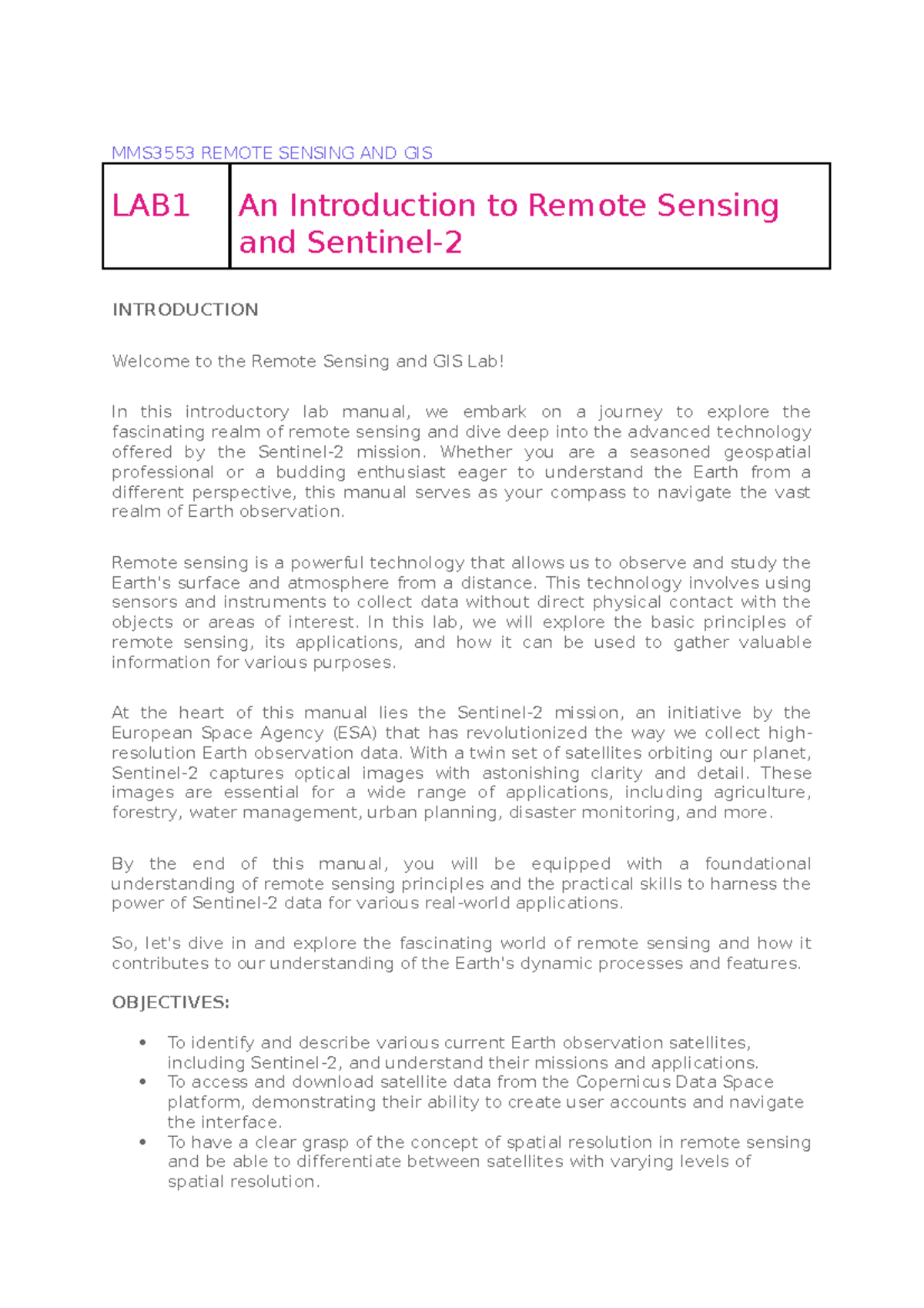 Lab 1 Manual new - MMS3553 REMOTE SENSING AND GIS LAB1 An Introduction to Remote Sensing and ...