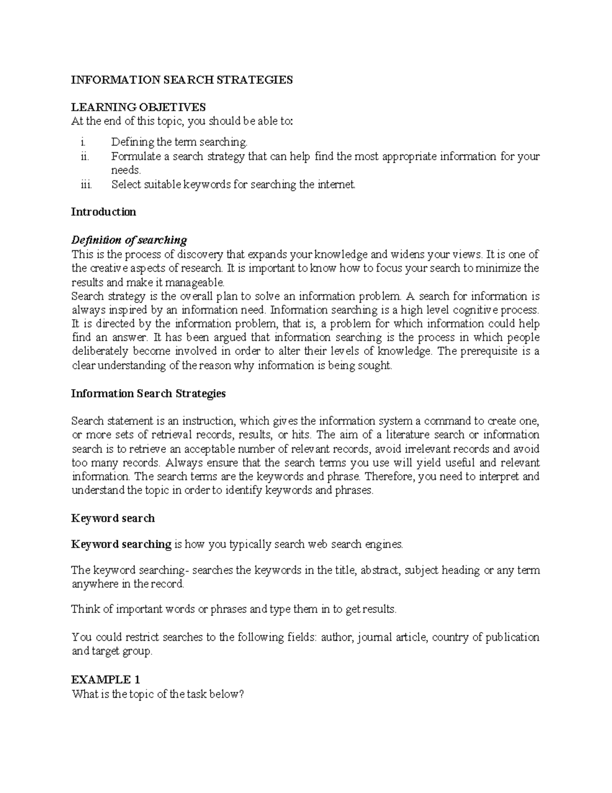 Topic 4- Information Search Strategies - INFORMATION SEARCH STRATEGIES ...