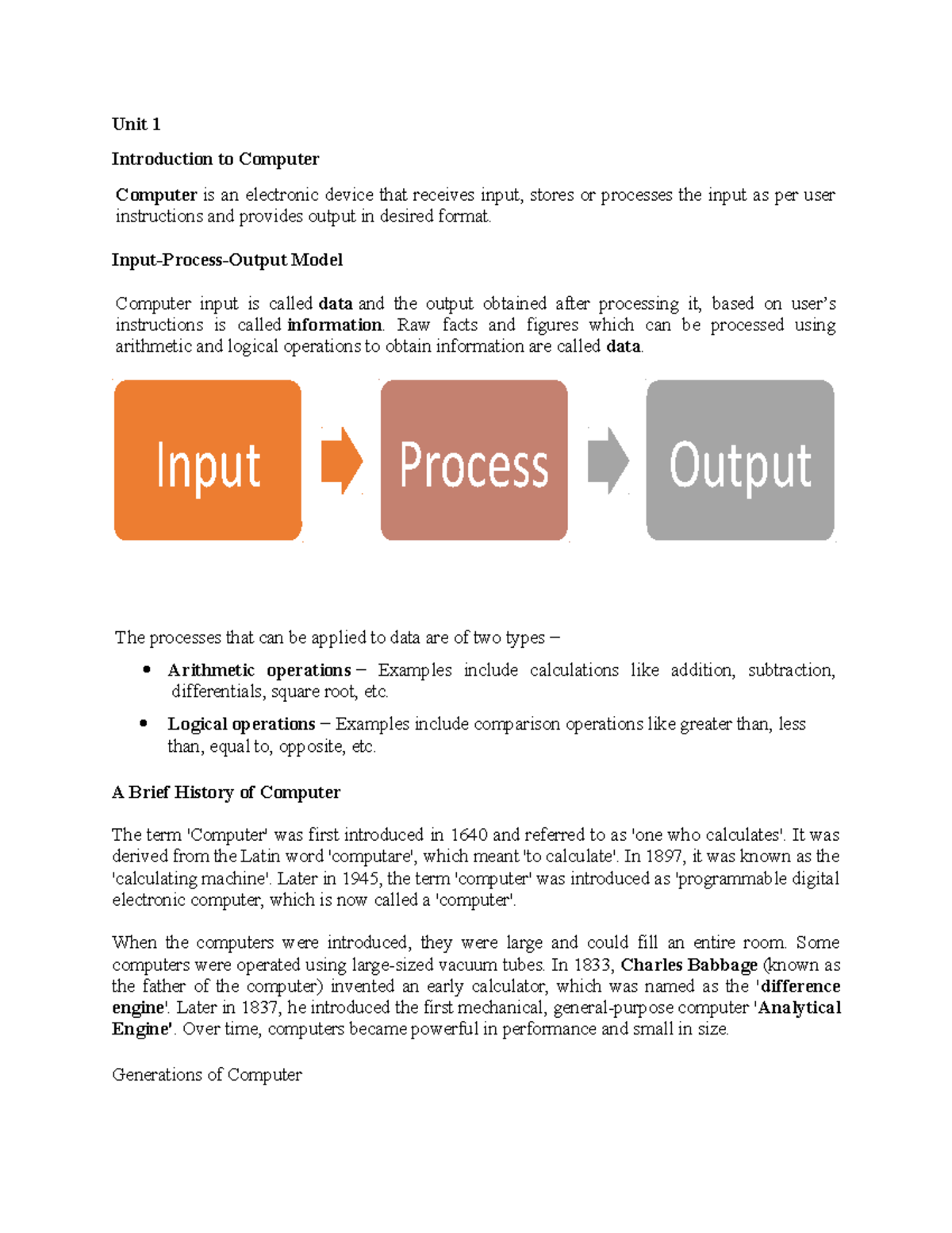 MIS - MIS - Unit 1 Introduction to Computer Computer is an electronic ...