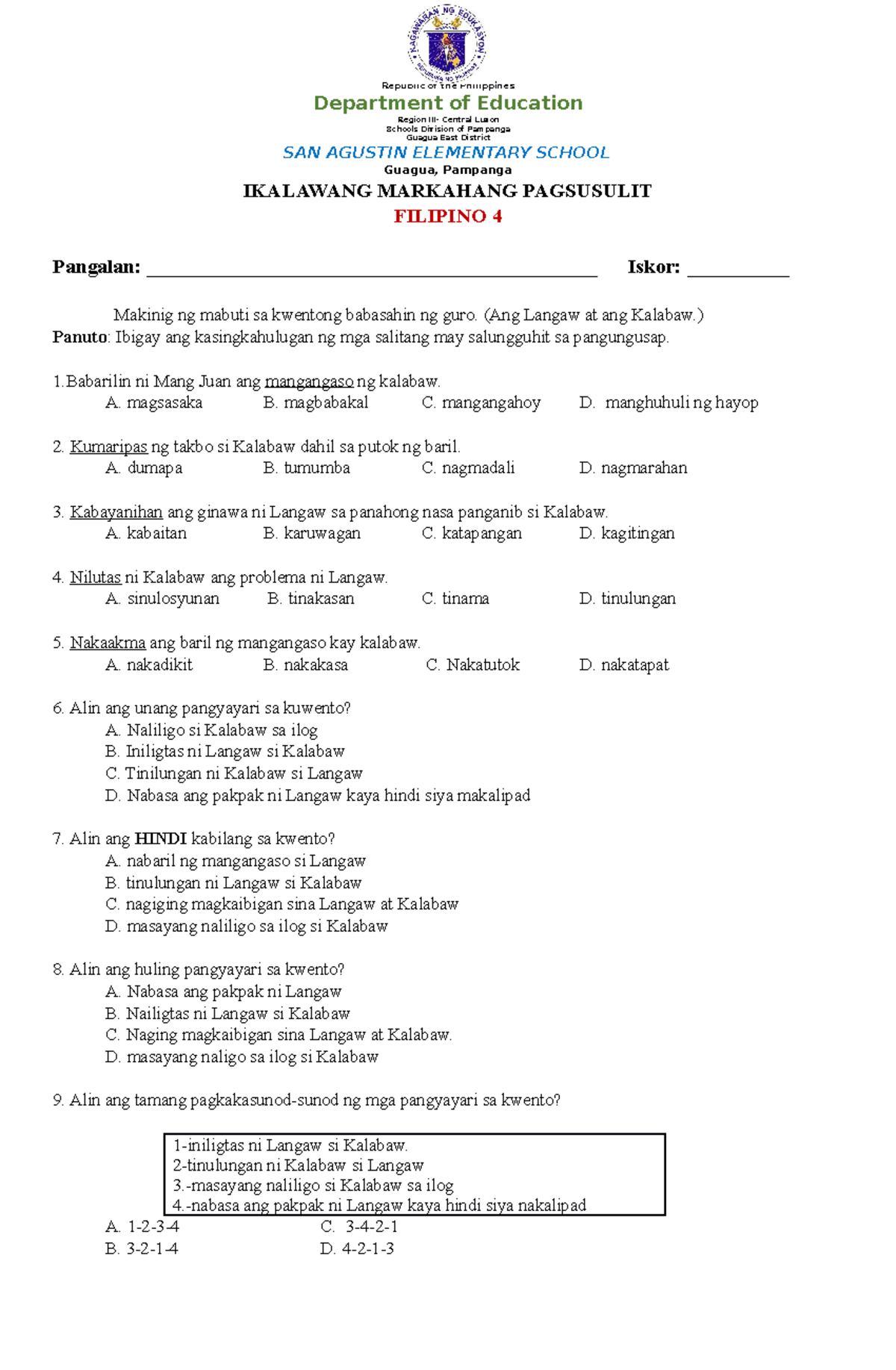 PT Filipino-4 Q2 - learners' assessment - Republic of the Philippines ...