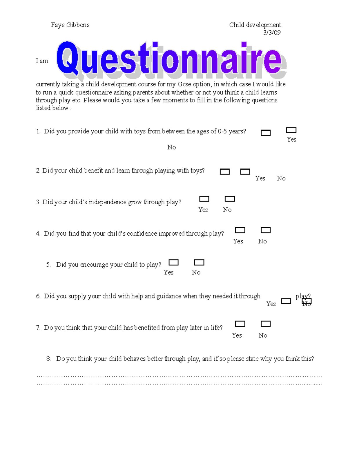 Evaluation of my website - Faye Gibbons Child development 3/3/ I am ...