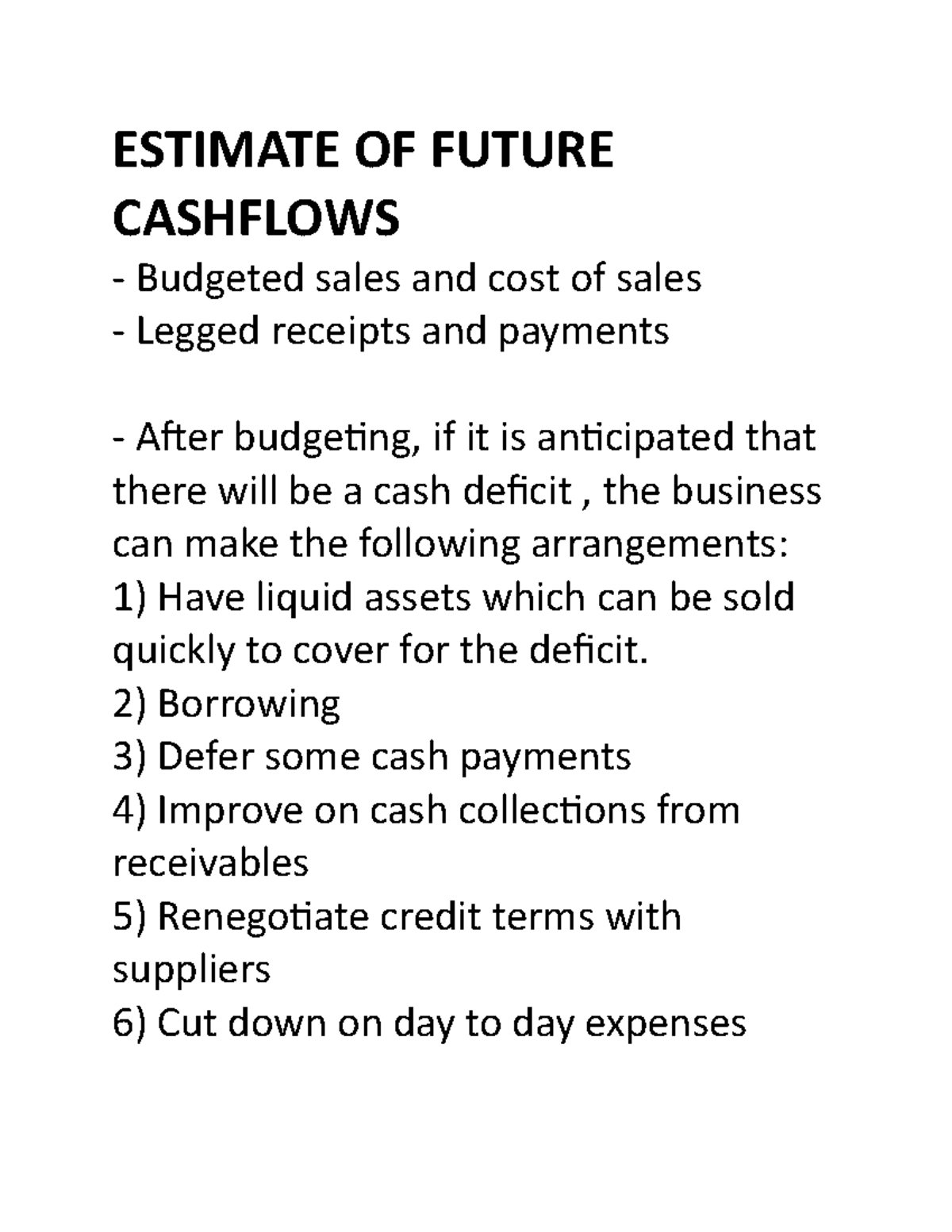 Estimate OF Future Cashflows - ESTIMATE OF FUTURE CASHFLOWS Budgeted ...