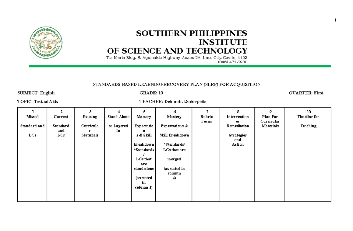 SLRP FOR English 10 DEBS - STANDARDS-BASED LEARNING RECOVERY PLAN (SLRP ...