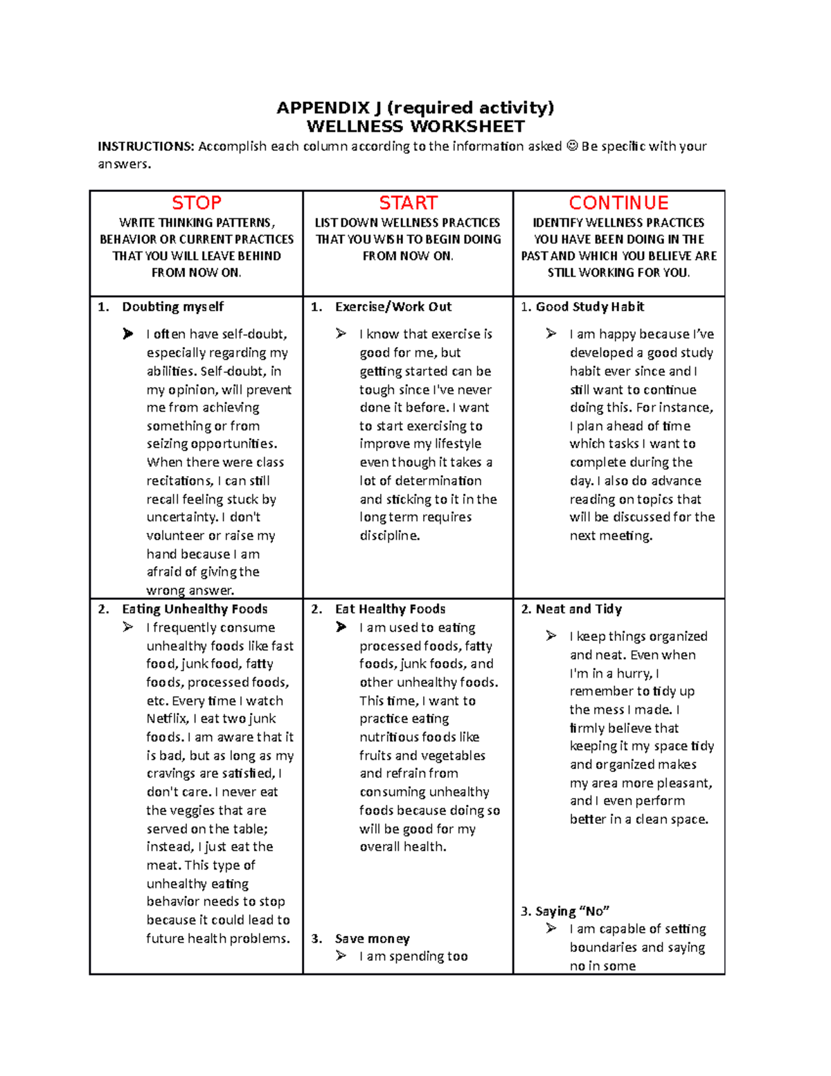Wellness Activity - APPENDIX J (required activity) WELLNESS WORKSHEET ...