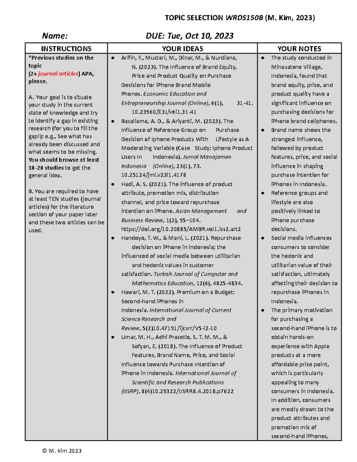 WRDS150 - Topic selection table sheet - TOPIC SELECTION WRDS150B (M ...