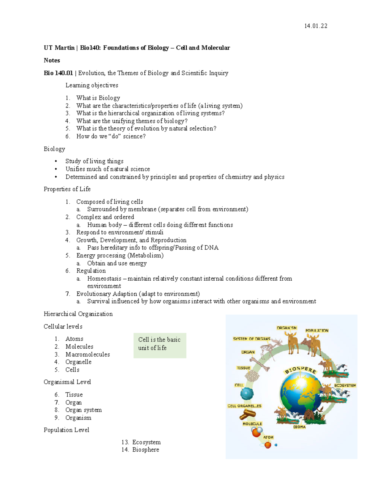 Bio 140 - Evolution, the Themes of Biology and Scientific Inquiry; Dr ...