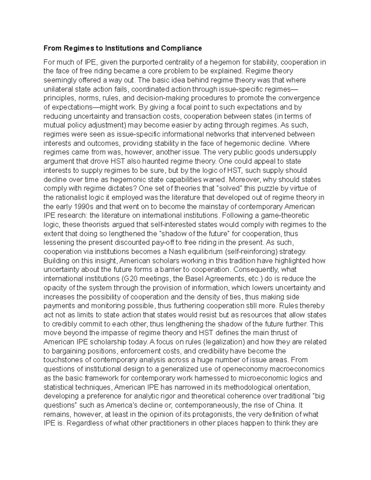 From Regimes to Institutions and Compliance - Regime theory seemingly ...