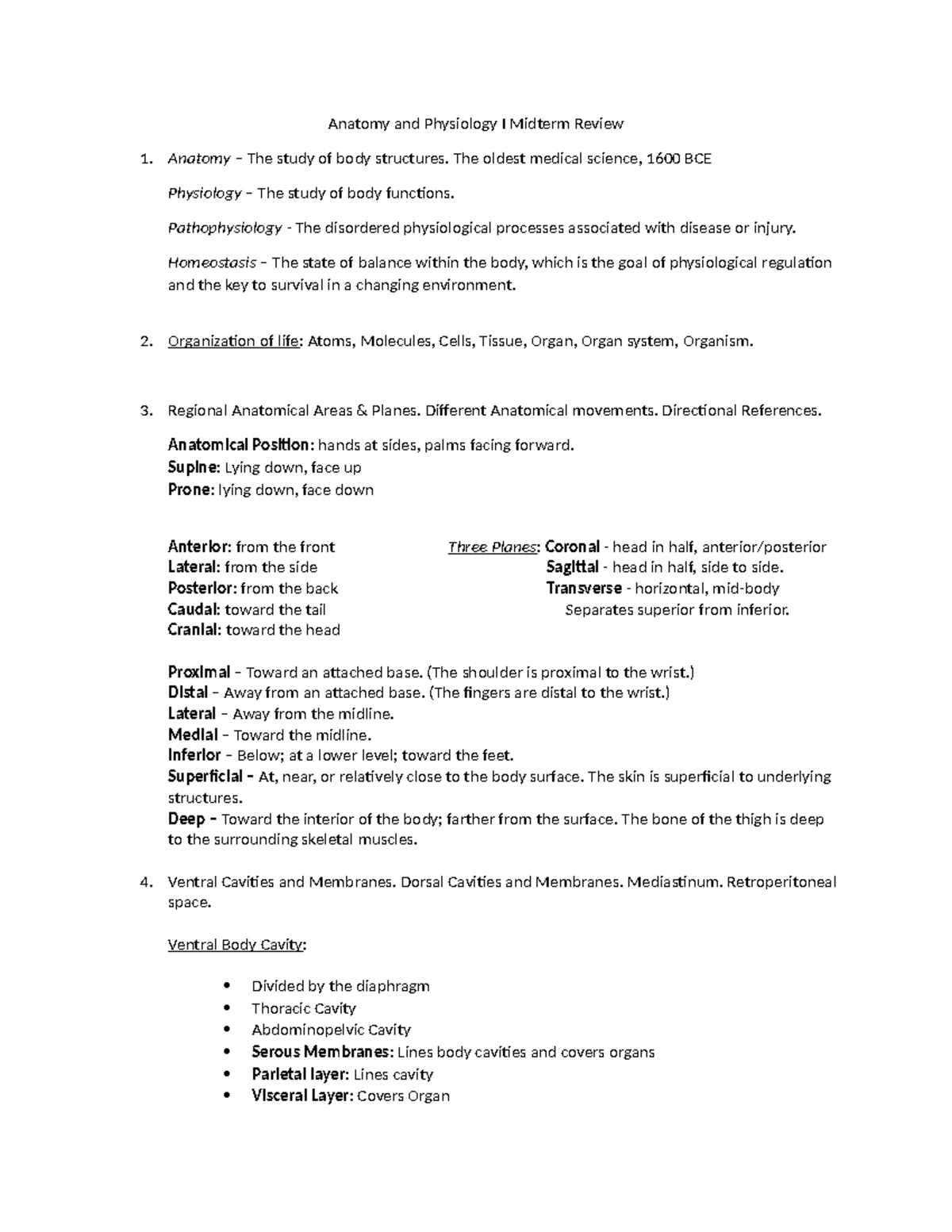 Review midterm - Anatomy and Physiology I Midterm Review Anatomy – The ...
