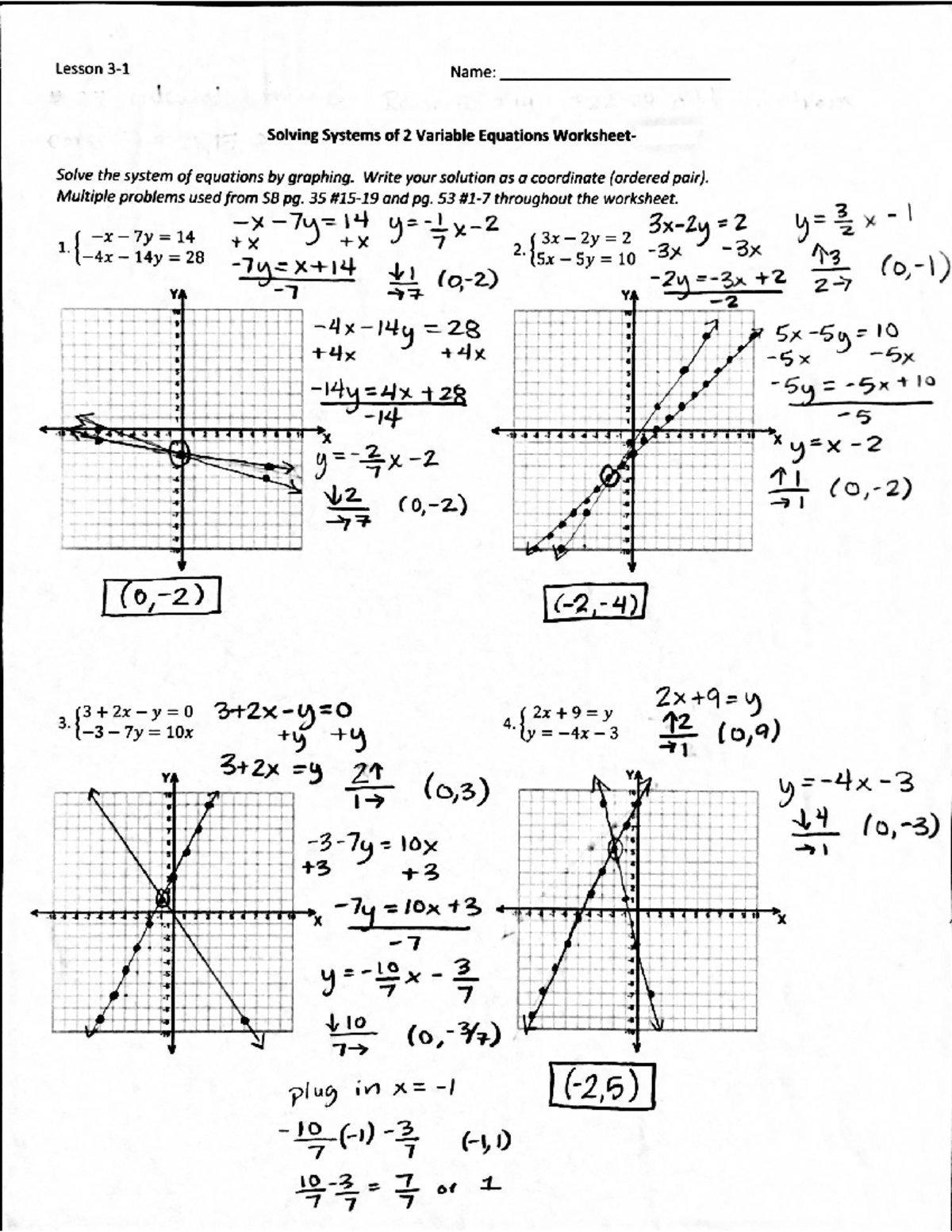 23-24 3-1 Systems WS Key - Lesson Name: Solving Systems of 2 Variable ...